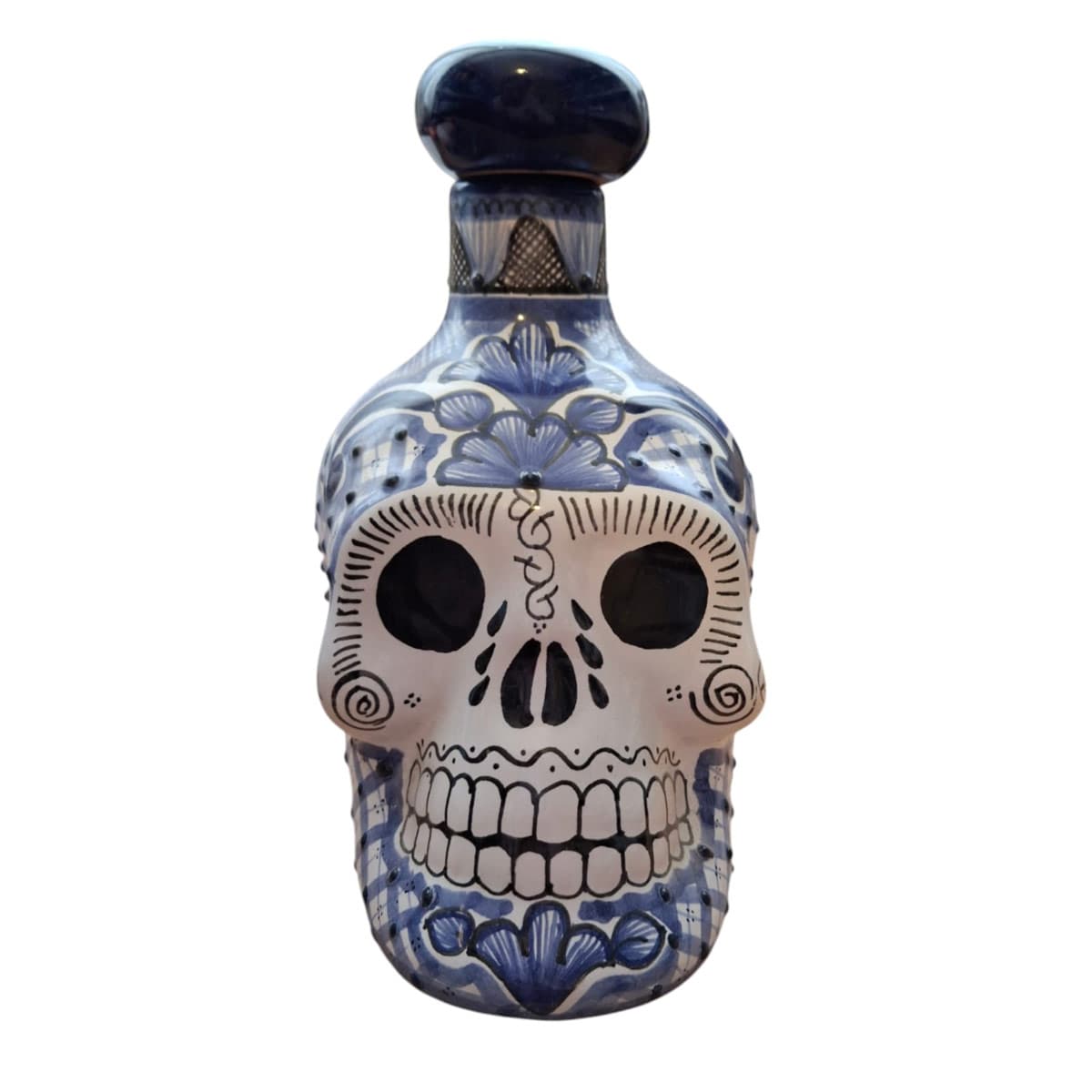 Botella Licorera Diseño Calavera en Talavera Azul Arte Cruz