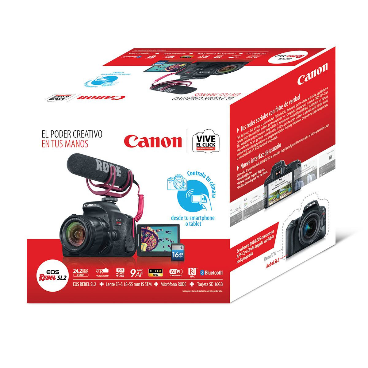 Cámara Canon KIT SL2 EF-S 18-55 + Rode Mic + SD 16 GB