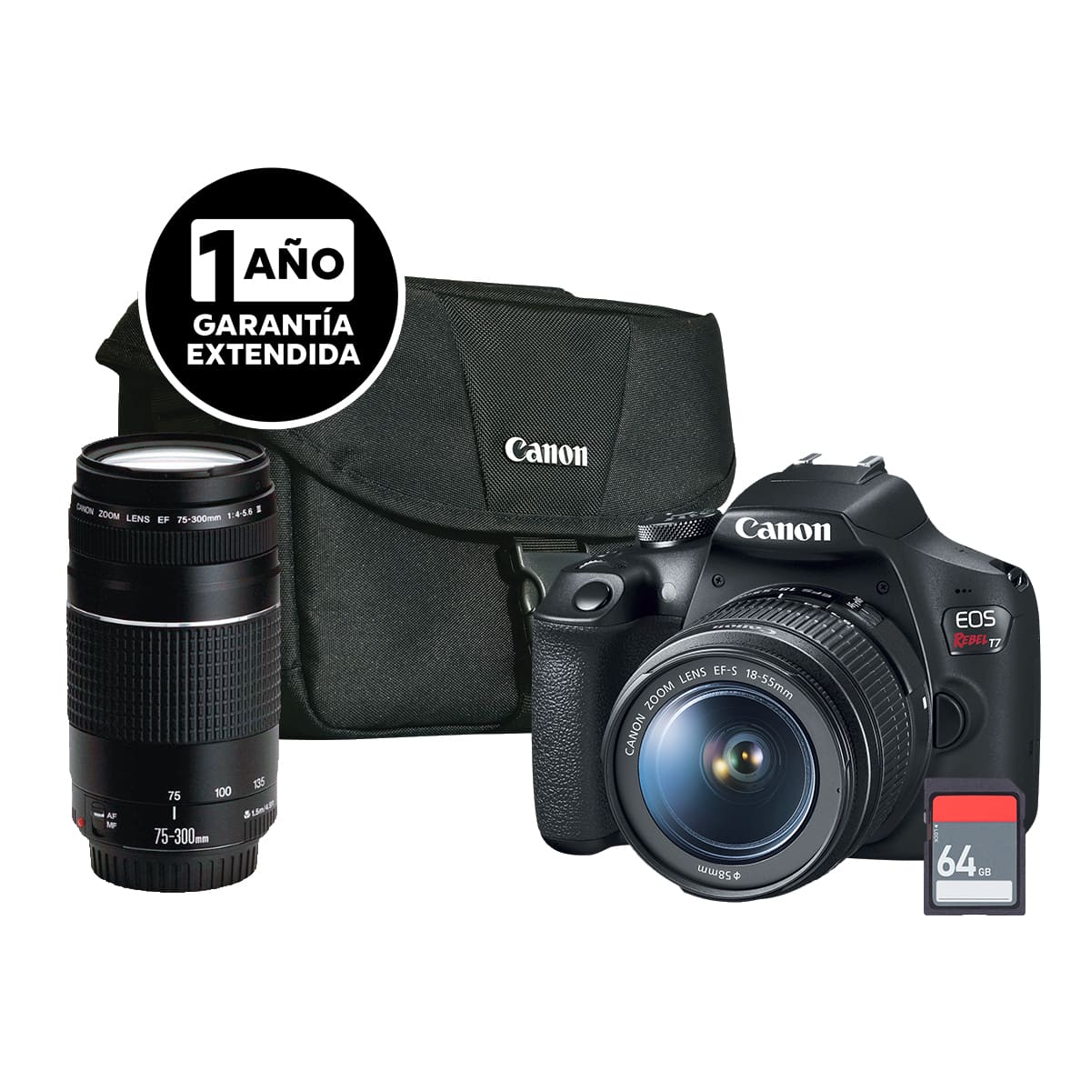 Cámara Canon Kit T7 Lente Ef-S 18–55mm y Lente Ef 75-300mm F/4 Bag ...