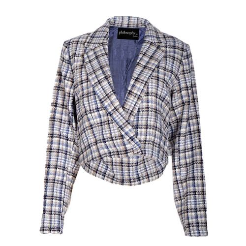 Saco corto cruzado con solapa y estampado a cuadros en combinación ...