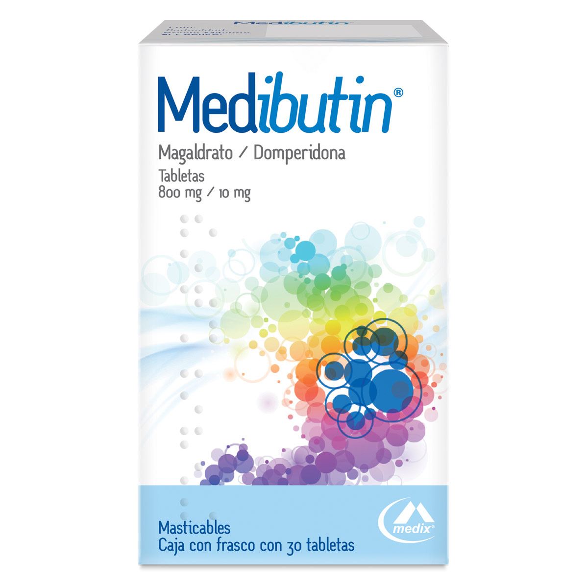 Medibutin caja con 30 tabletas. Magaldrato 800 mg y domperidona 10 mg