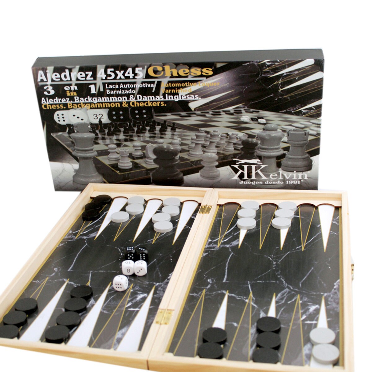 Juego de Mesa Kelvin Chess Set 3 en 1 Laca Ajedrez + Backgammon y Damas ...