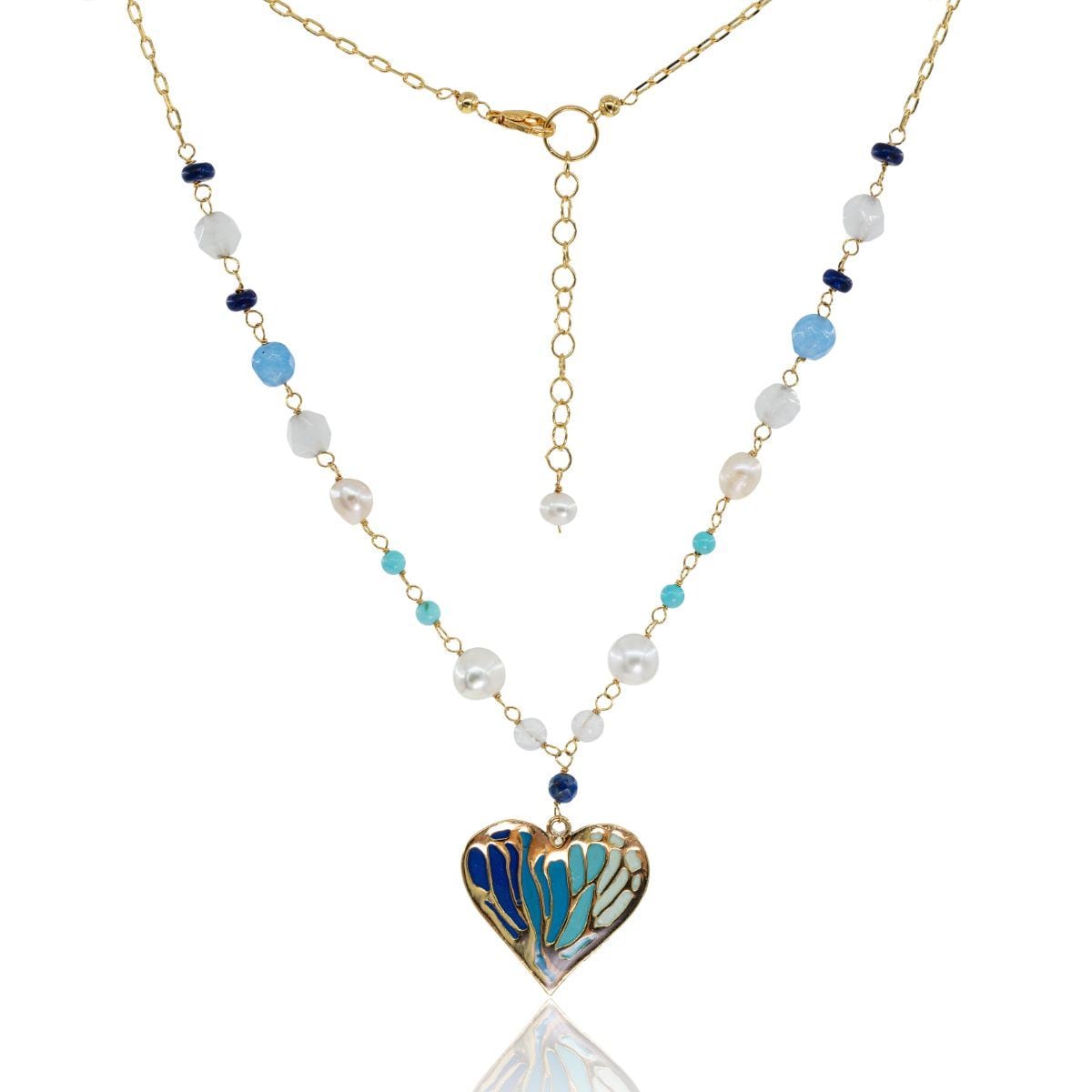 Collar Perlas y Piedras Naturales Dije de Corazón Azul Bañado en Oro Ablime