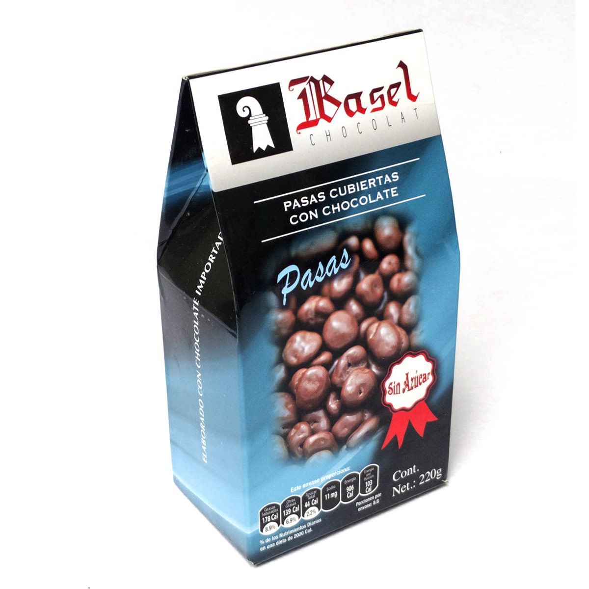 Caja de Pasas cubiertas con chocolate sin azúcar Basel 220g