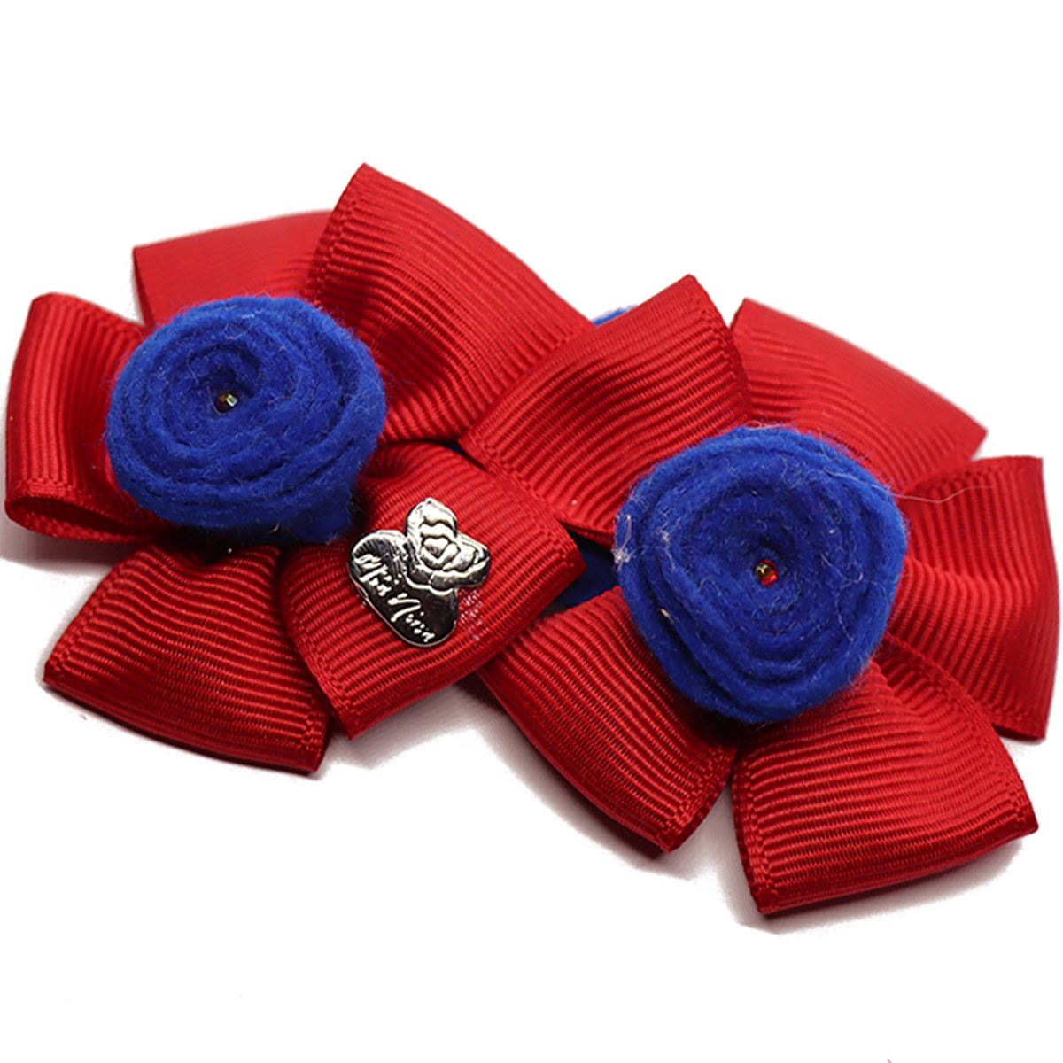 Broche De Fieltro Y Listón Flor Rojo C/ Azul