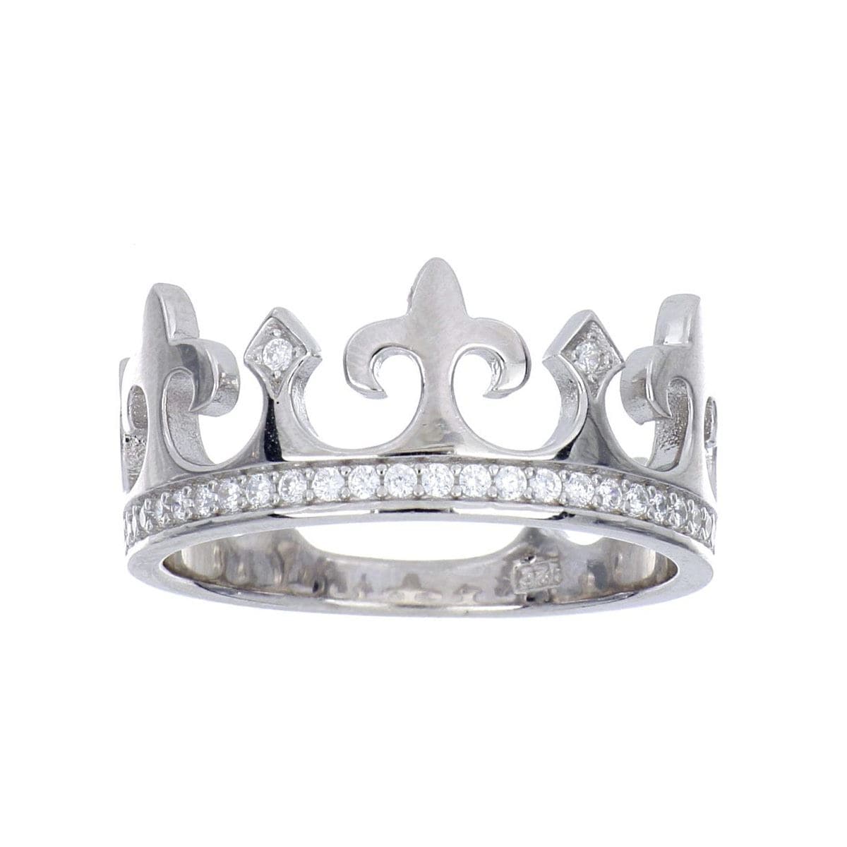 Anillo de plata 925 coraona con circonita blanca, acabado en rodio