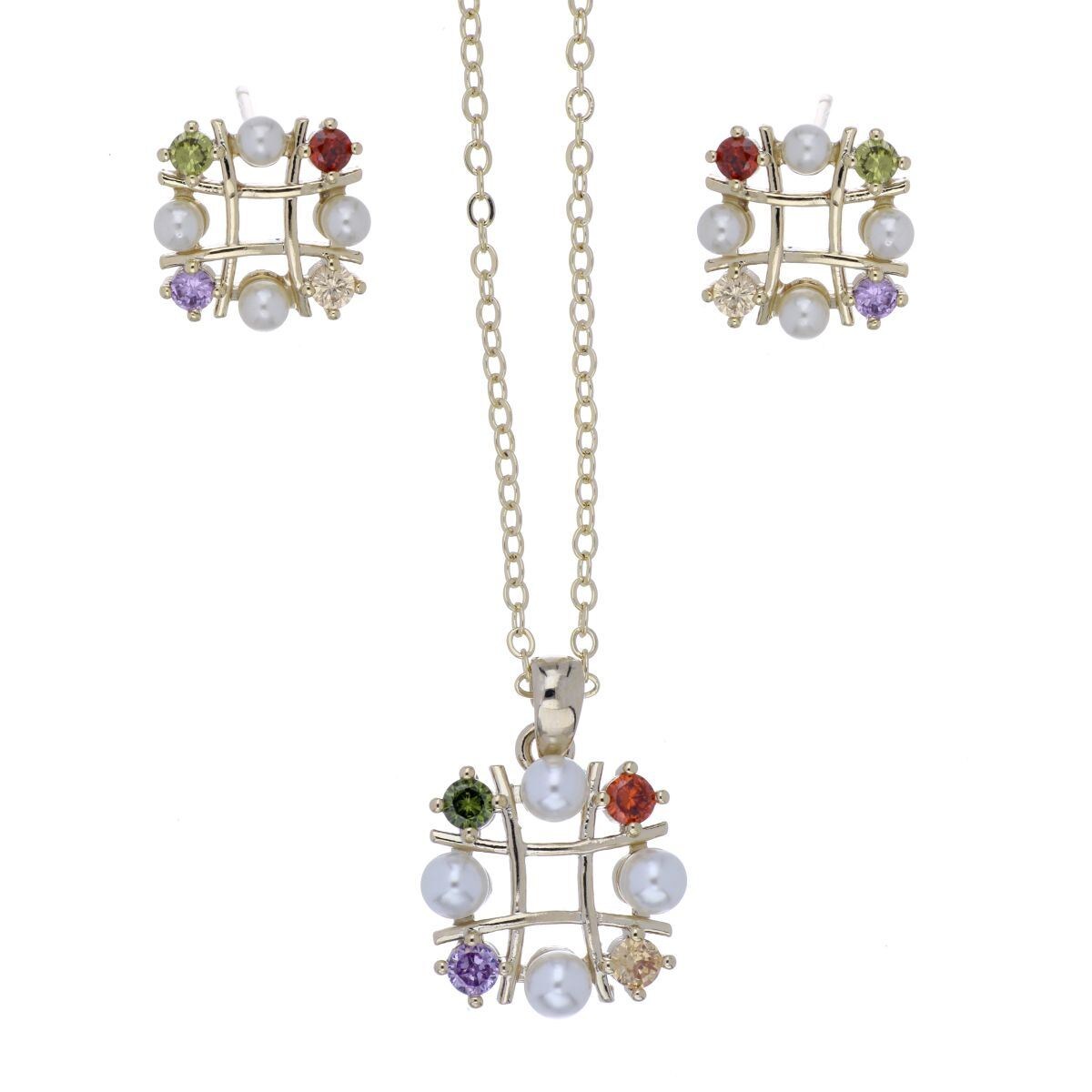 Set Aretes+Dije+Cadena Mix Color Chapado Oro Farfalla Bonetti