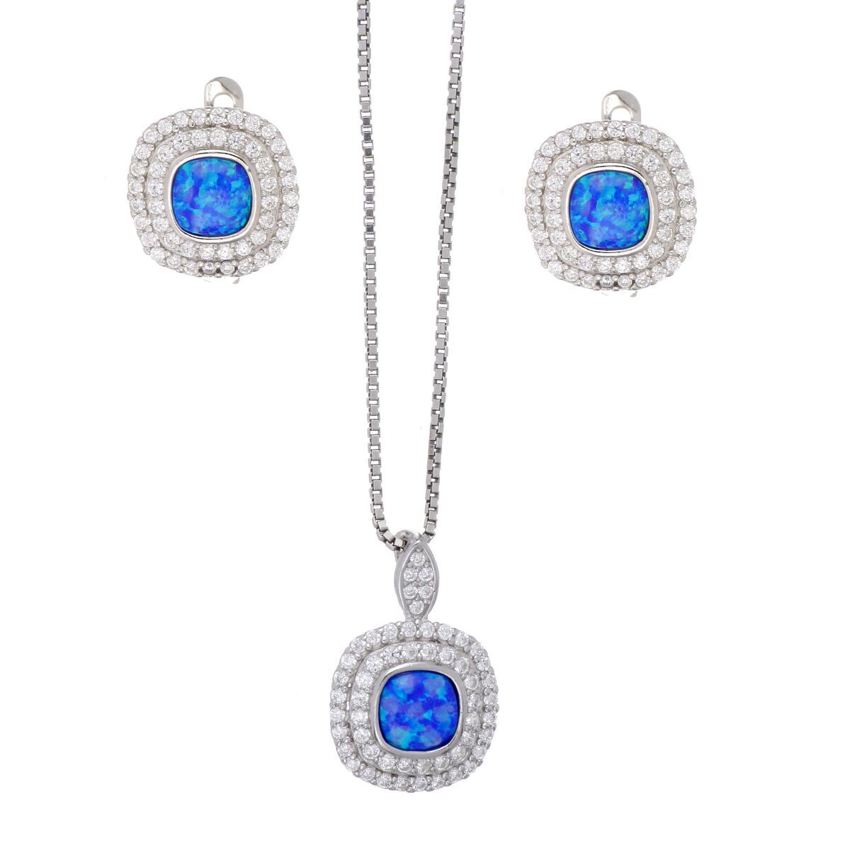 Set de Aretes, Dije y Cadena con Piedra Central Azul Opal Plata .925 ...