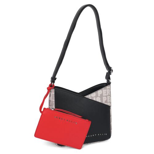 Bolsa estilo crossbody marca perry ellis color negro y coral modelo A10140