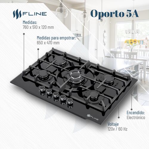 Parrilla de Gas Empotrable 5 Quemadores Vidrio templado | Oporto 5A | FLINE