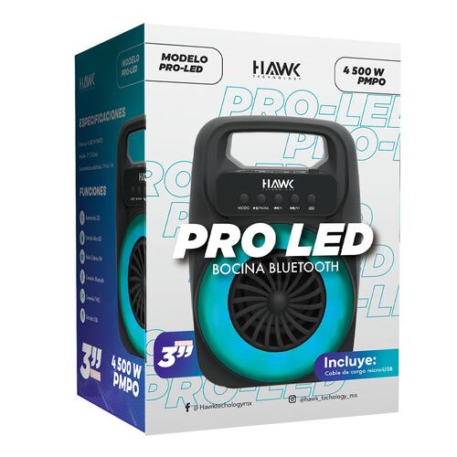 Bocina Pro Led Bluetooth Radio FM Micro SD Recargable Hawk