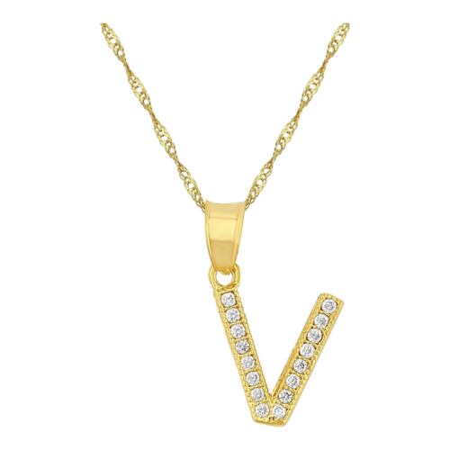 Juego Collar Letra V + Aretes Zirconias Oro 10k + Regalo