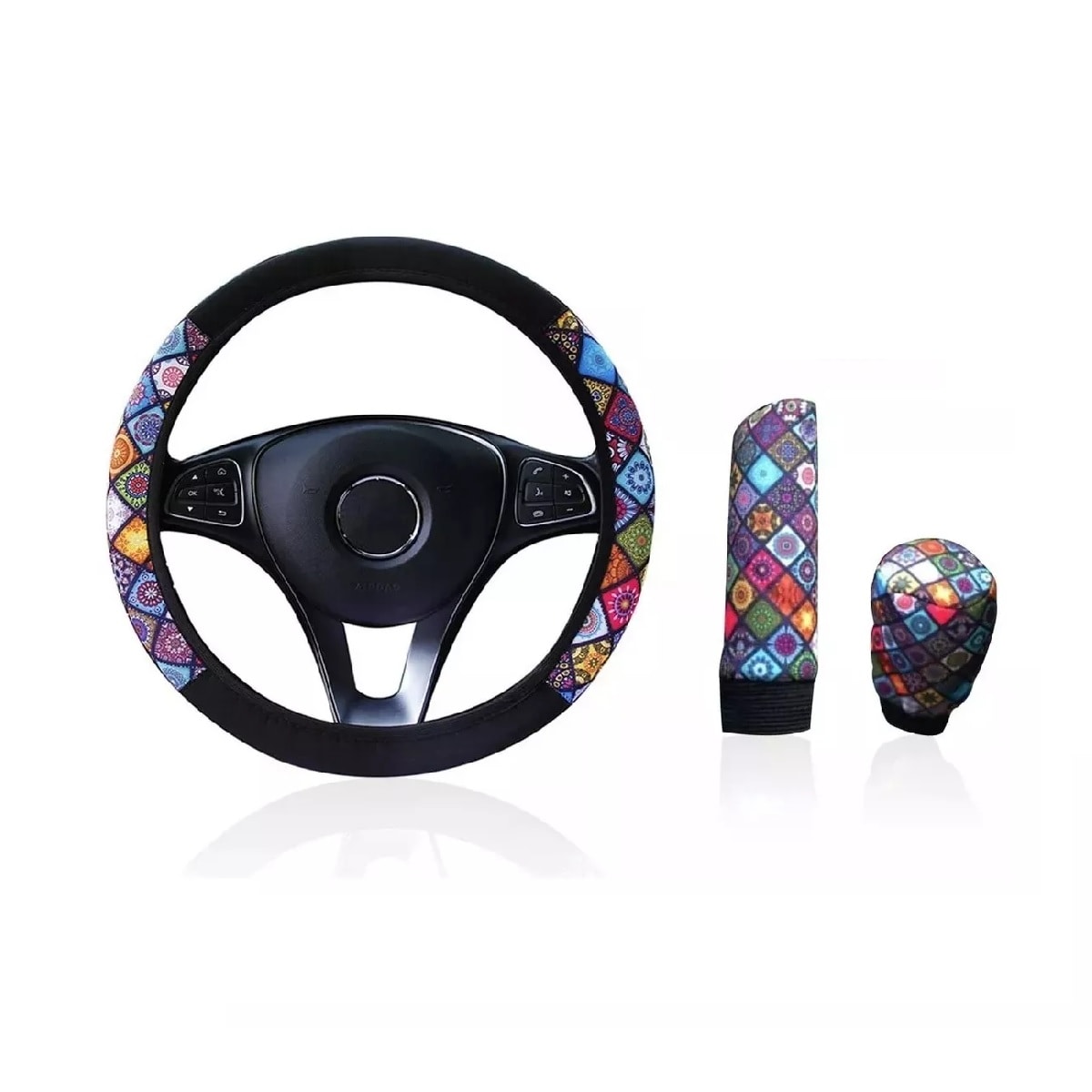 Kit Funda Cubre Volante Accesorio Auto Mujer Azulejo Mosaico