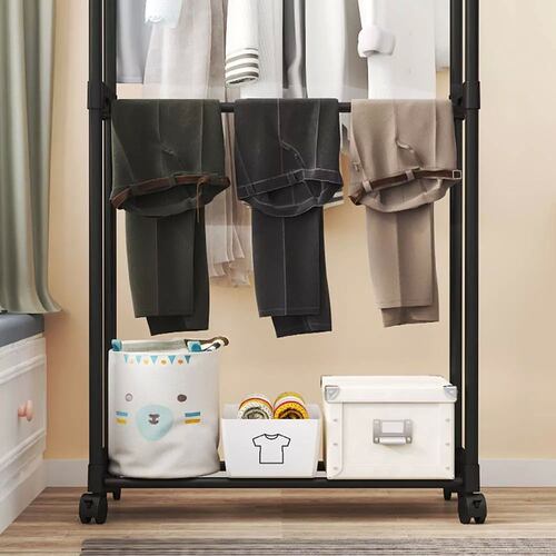 Rack Organizador Doble Para Ropa Perchero Closet Con Ruedas Color Negro