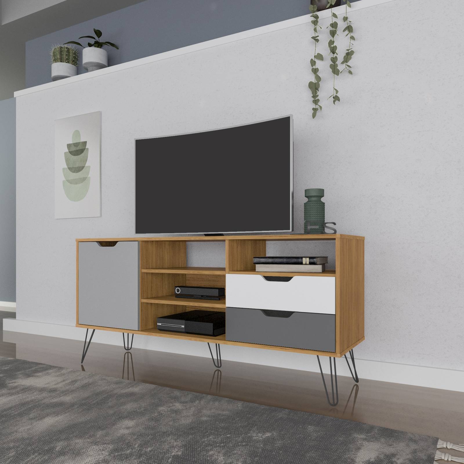 M TV BERTOLINI ESTOCOLMO 2 cajones 1 puerta 4 Nichos Roble Grafito