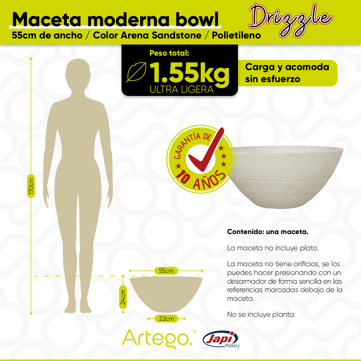 Maceta moderna para exteriores bowl de 55 cm de ancho DRIZZLE de ...