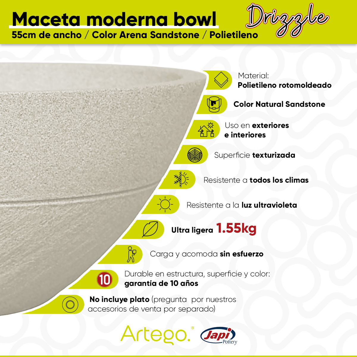 Maceta moderna para exteriores bowl de 55 cm de ancho DRIZZLE de ...