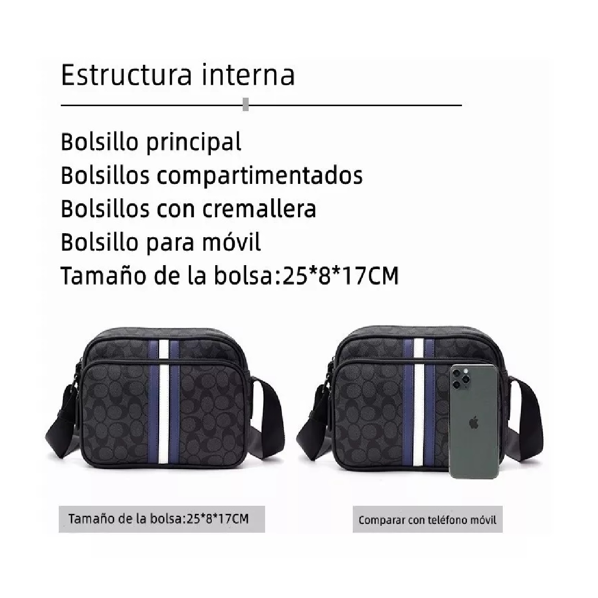 Bandolera De Cuero Hombre Crossbody Ralla Blanca y Azul.