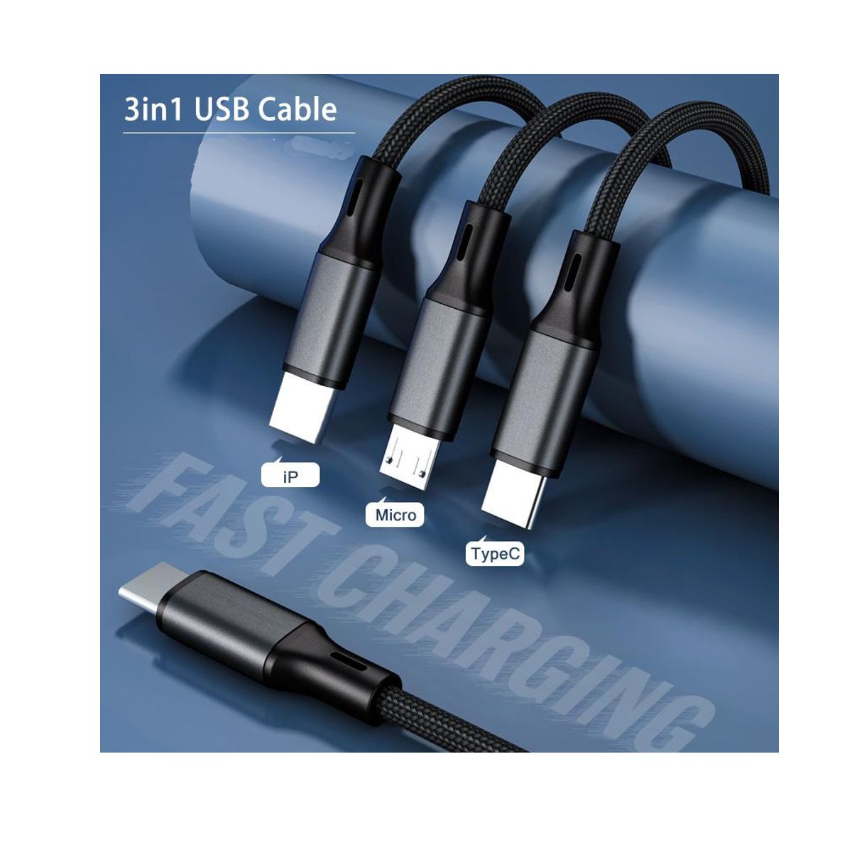 Cable de Carga Rapida 3 en 1 Tipo C a Lightning MicroUSB y Tipo C.