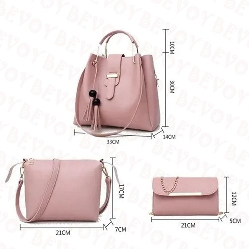 Set 3 Bolsas Mujer Borla Moda Cartera Crossbody Tote Hobo Pu Color Rosa