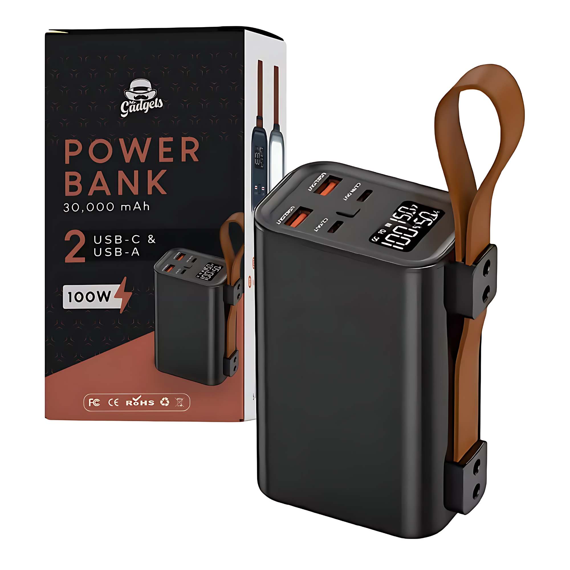 Power Bank WPD-100 de 30,000mAh Carga Rápida 100W con 2 Puertos USB-C y 2 USB-A con Linterna LED ...