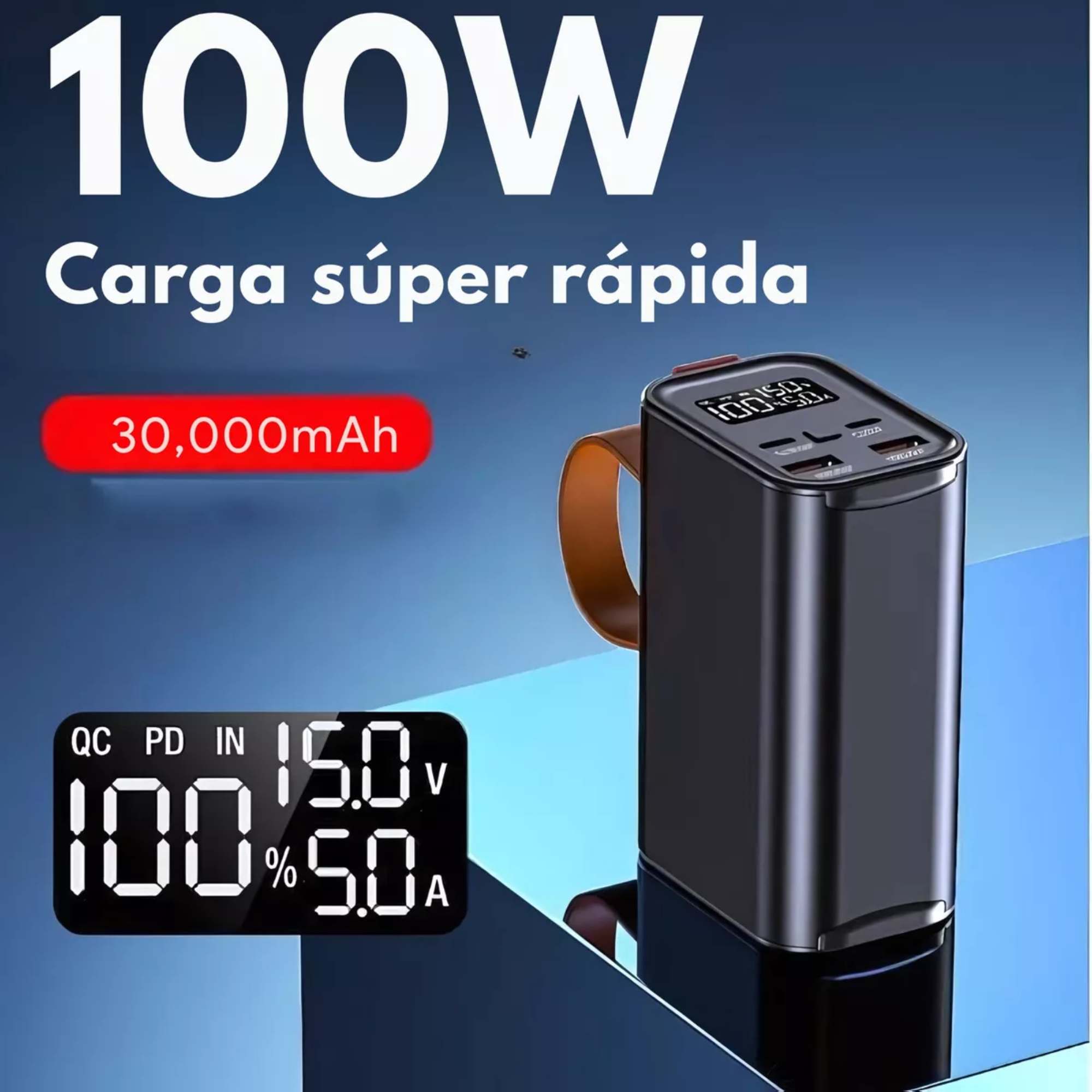 Power Bank WPD-100 de 30,000mAh Carga Rápida 100W con 2 Puertos USB-C y 2 USB-A con Linterna LED ...