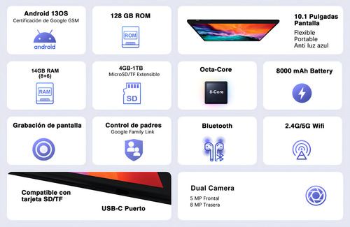 2024 Tablet Goodtel G10 10.1 Tableta 128GB ROM Negra Y 14GB RAM TF 1TB ...