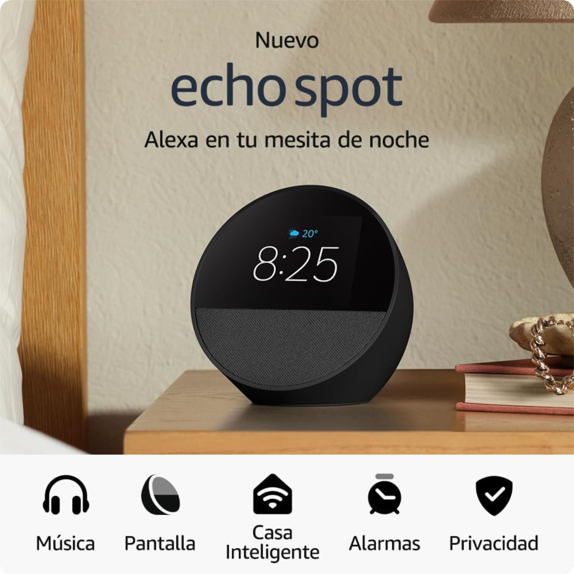 Amazon Echo Spot (modelo 2024) con asistente virtual Alexa, Negro