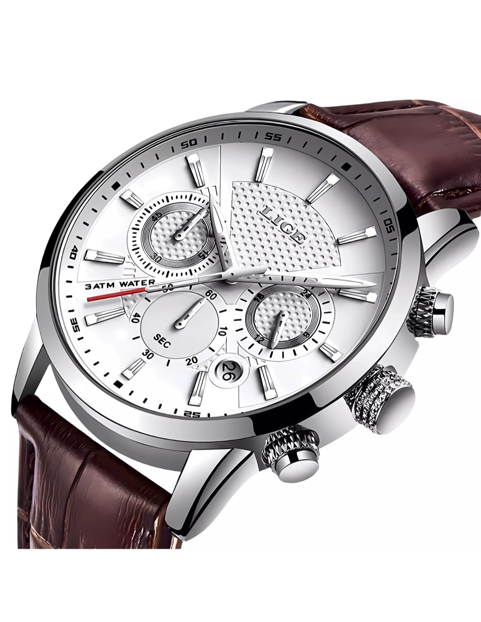 Reloj Lige para hombre crono blanco café un clásico
