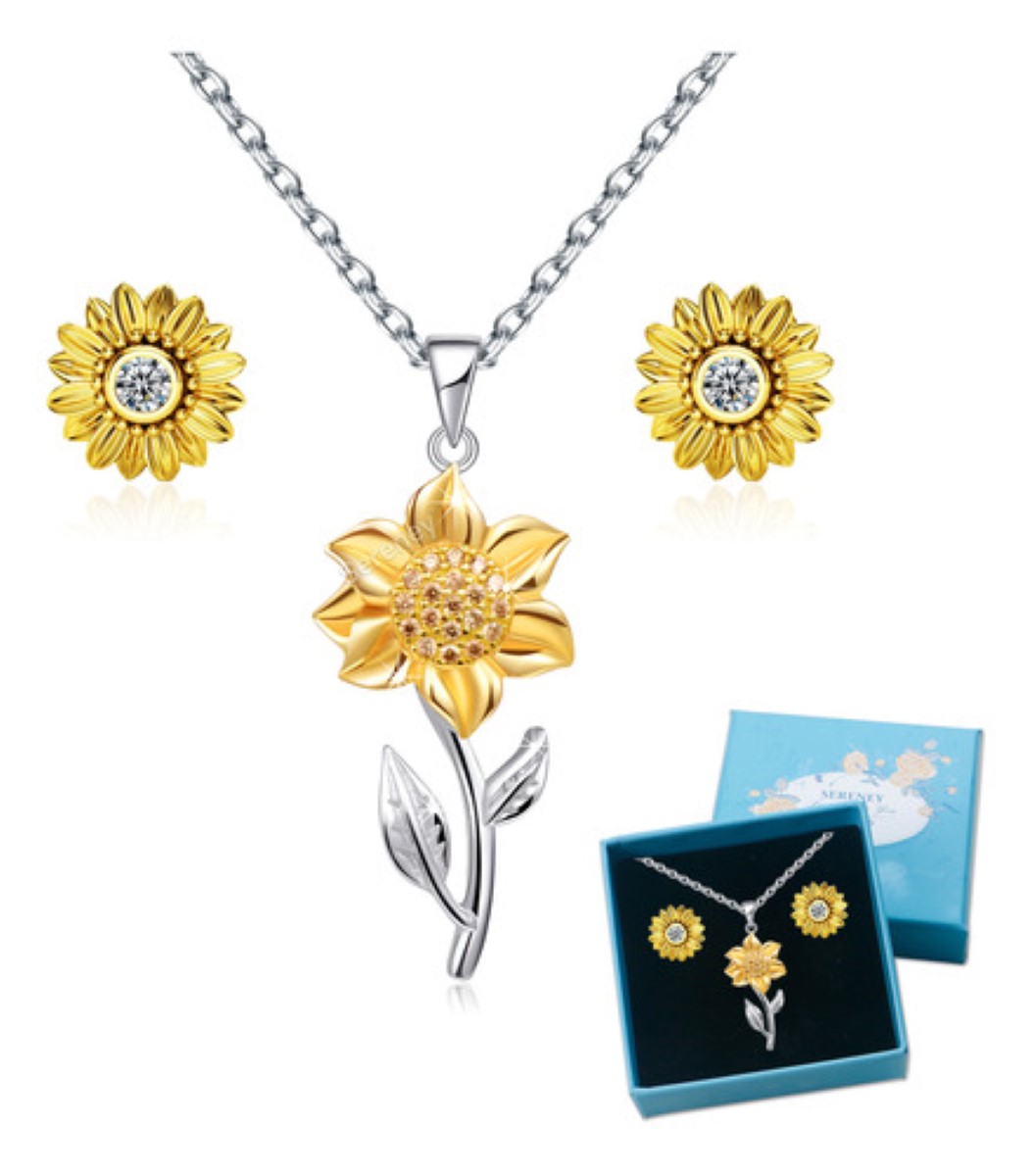 3pz Collar Girasol Aretes Dije Regalos Oro 18k Joyeria Mujer