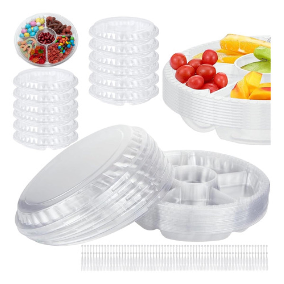 12pcs Bandejas Redondas Con Tapa Lisa Plástico Domo Botanero transparente