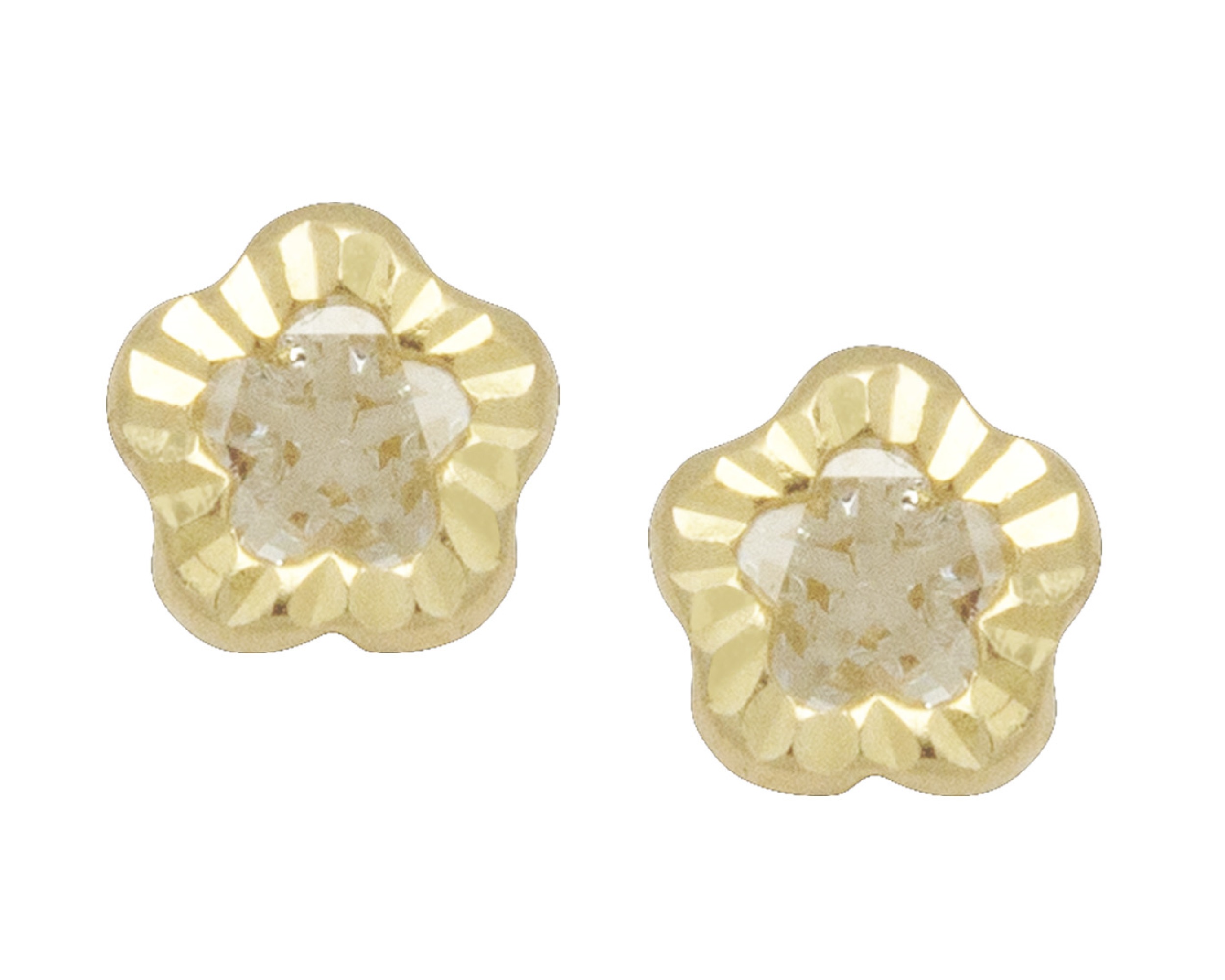 Arete Broquel Oro 10K Horoz Flor Diamantada 4mm S1146