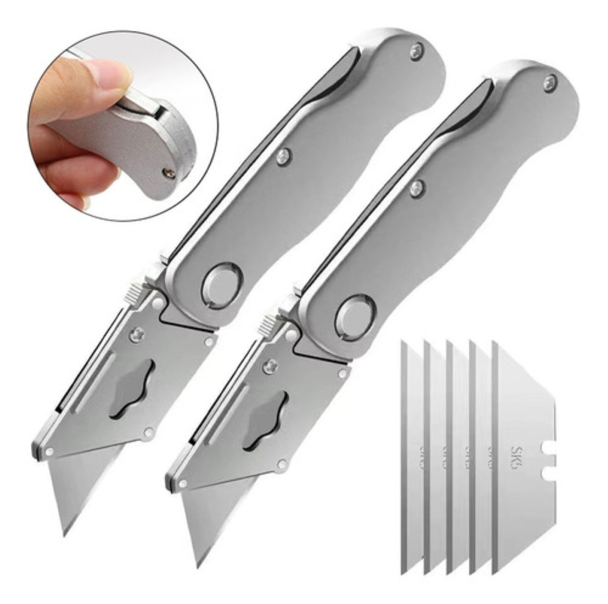 2pcs Navaja Multiusos Plegable+20 Hojas Intercambiables plata