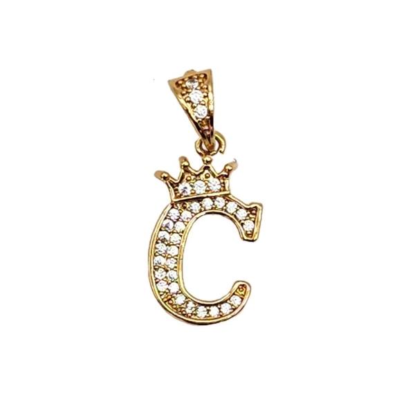 Cadena y dije de brillos con corona de oro laminado letra "C"