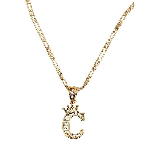 Cadena y dije de brillos con corona de oro laminado letra "C"