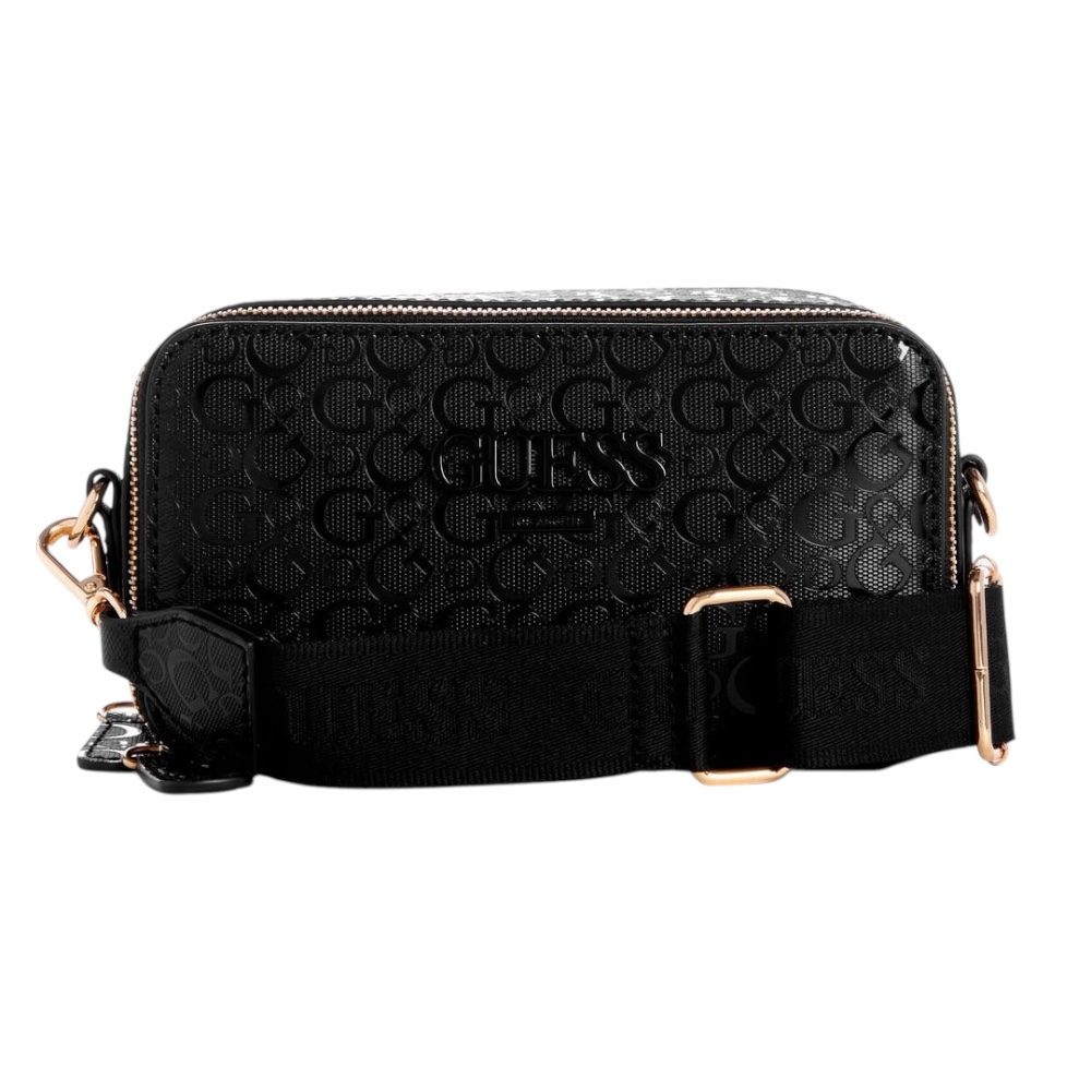 Bolsa Crossbody Mini color negra Guess, con relieves de la marca