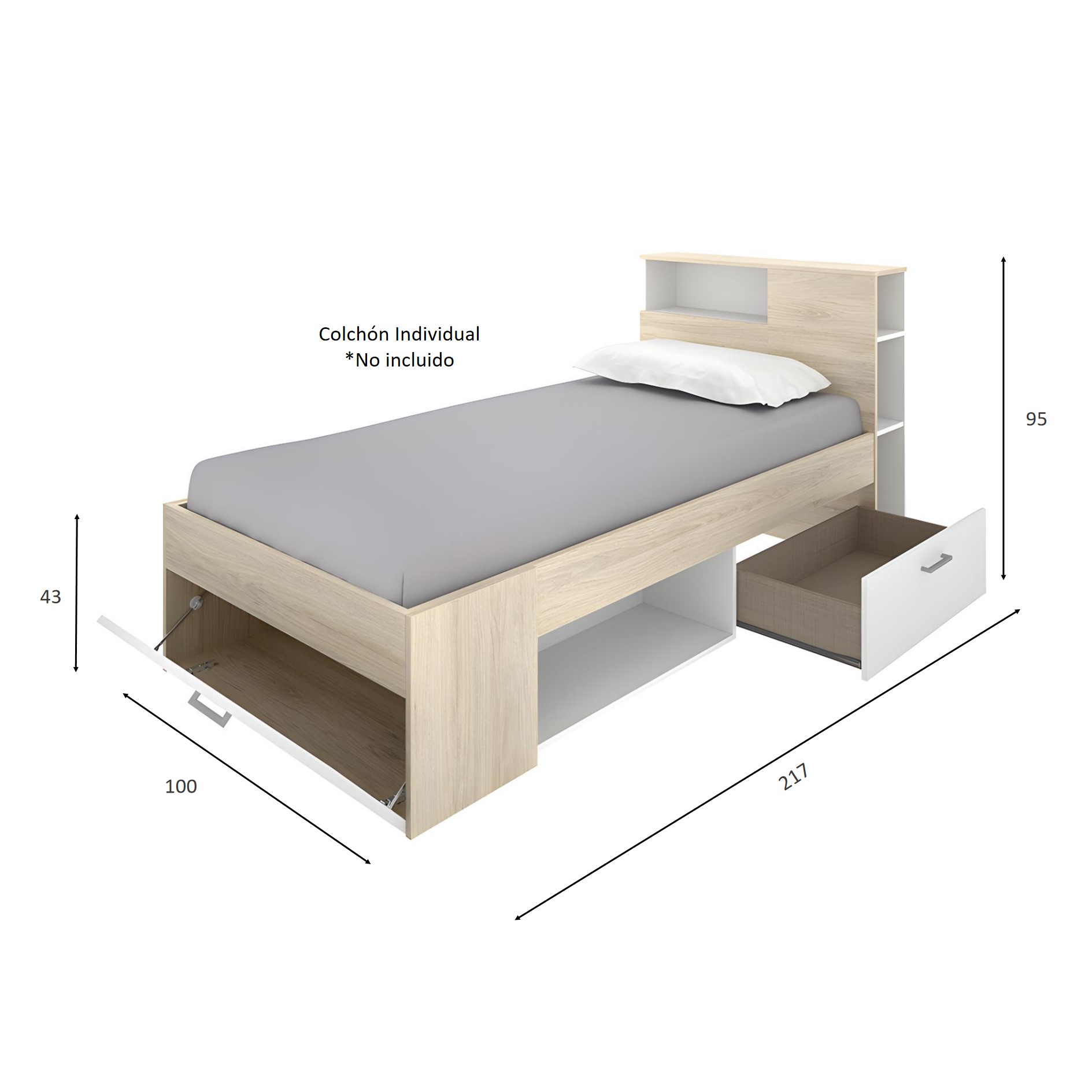 Recamara Individual con Cabecera Mérida con Blanco