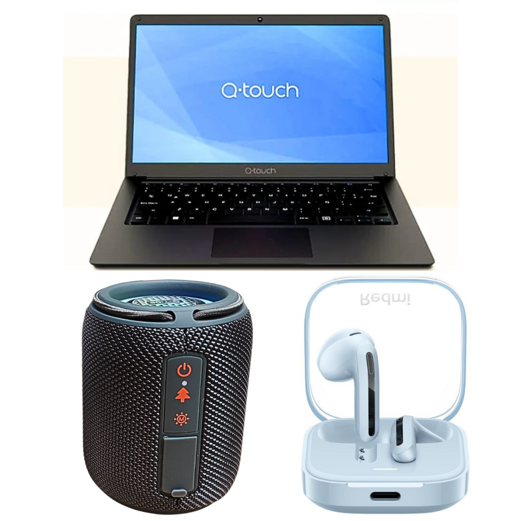 Laptop Q-TOUCH + Bocina G-tide SV30 y Audífonos Buds 6 active AZUL