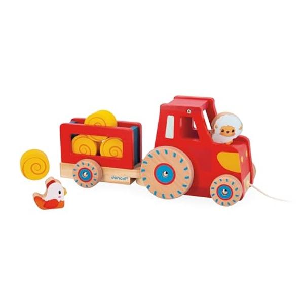 Janod Farm Wooden Pull Along Tractor Playset with Hen, Haybales, and ...