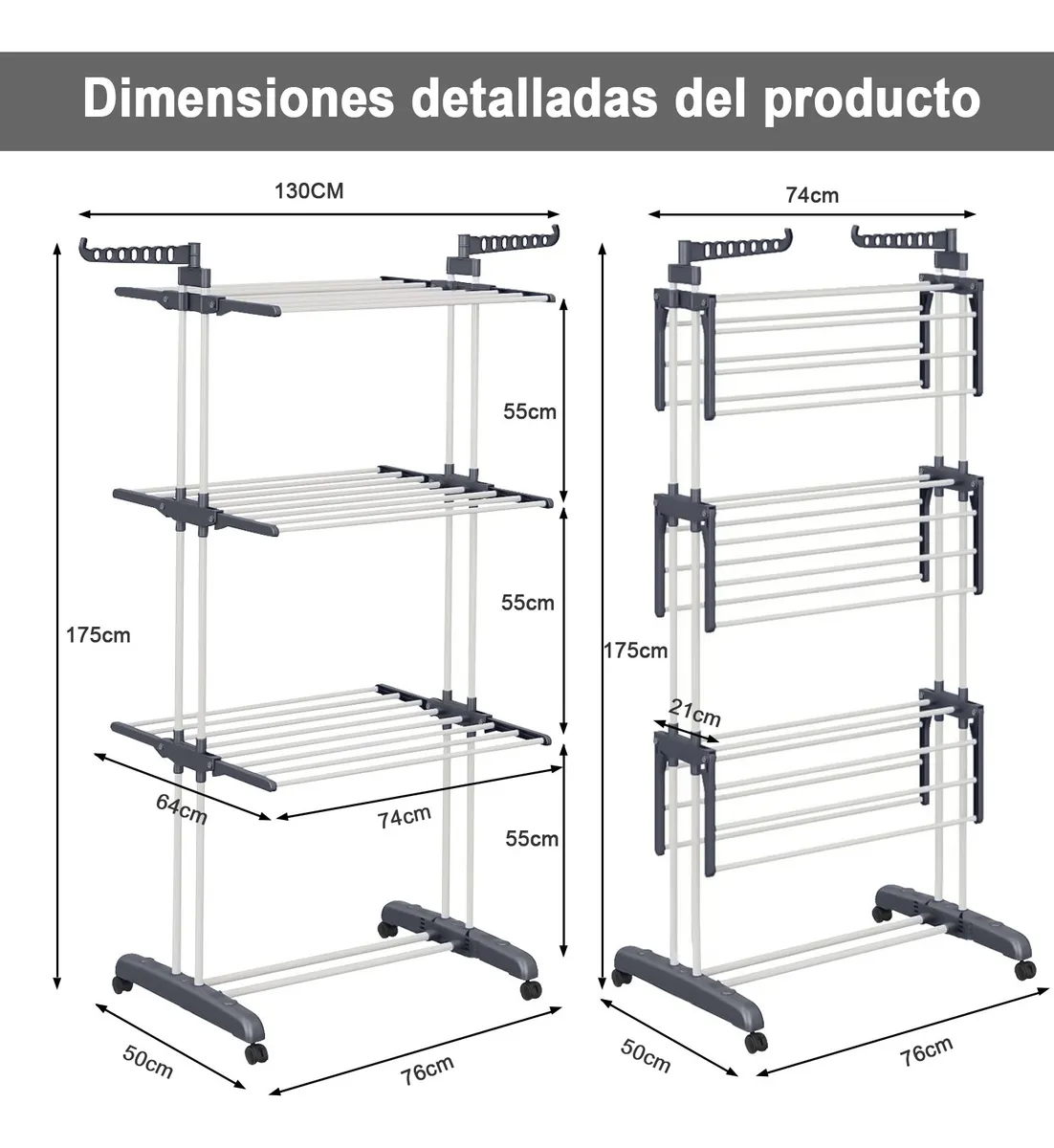Tendedero Vertical Plegable 3 Niveles Con Ruedas Portátil.