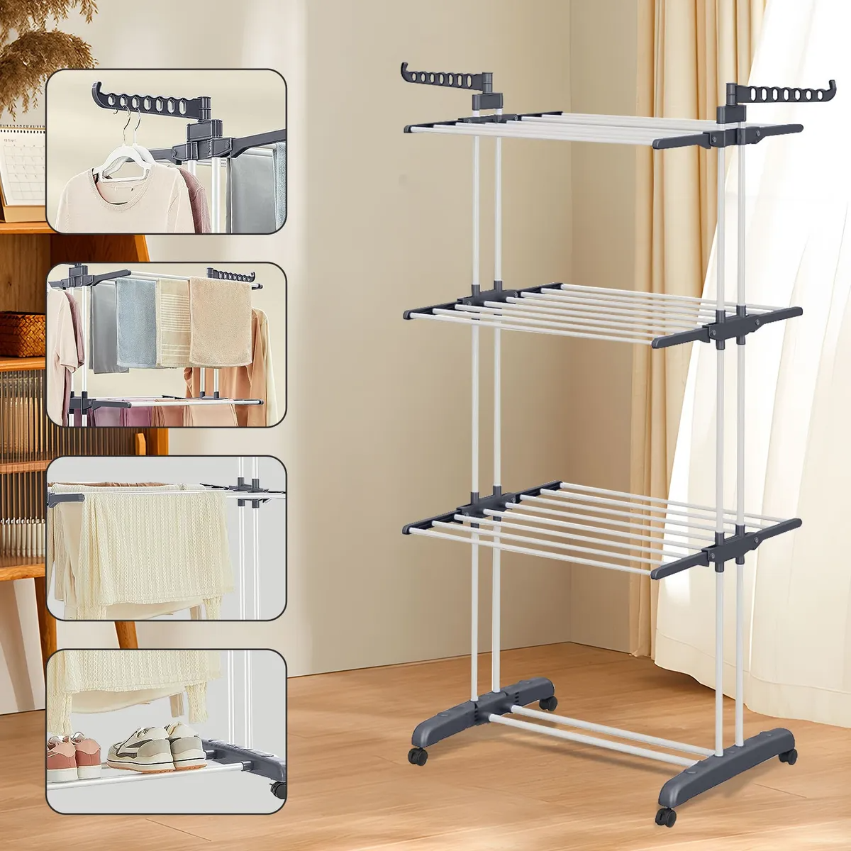 Tendedero Vertical Plegable 3 Niveles Con Ruedas Portátil.