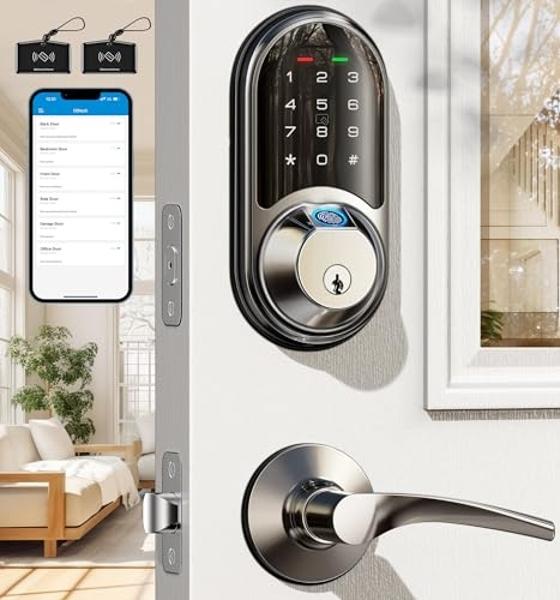 Veise Smart Locks for Front Door, 2 Lever Handles, Fingerprint Keyless ...
