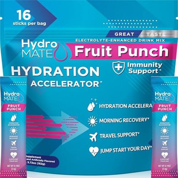 HydroMATE Electrolytes Powder Low Sugar - 16 Count Fruit Punch Instant ...