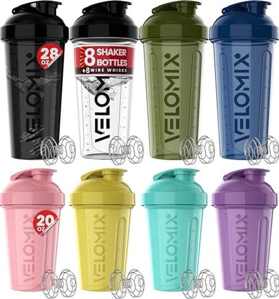 VELOMIX -8 PACK- Shaker Cups for Protein Shakes 28&20 OZ - 8x Wire ...