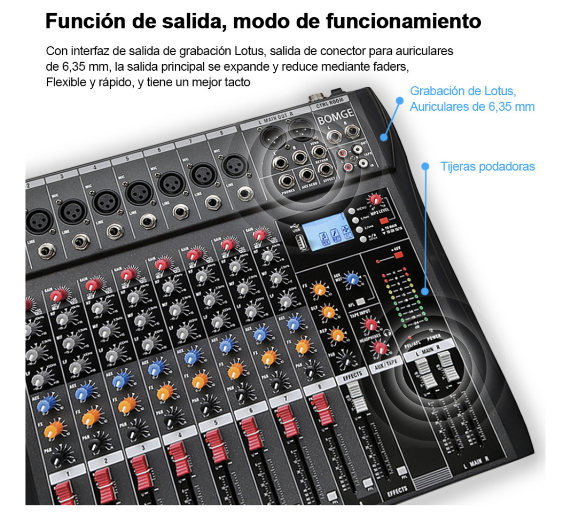 Consola Mezcladora Bomge Ct8 De 8 Canales Con Bluetooth