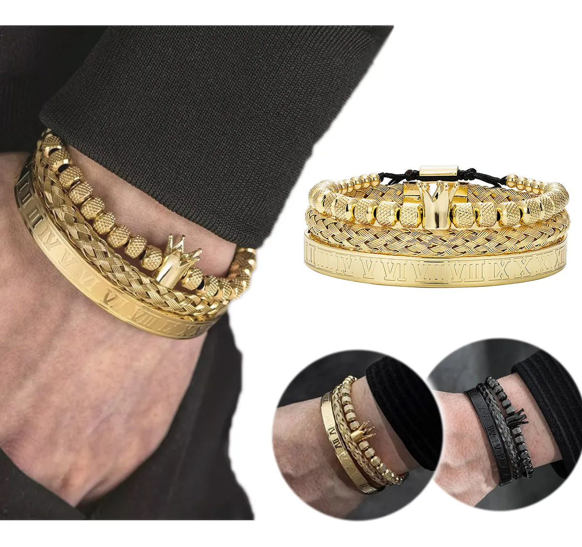 Set 3 Pulseras De Corona Acero Lujo Romano Brazalete Inox