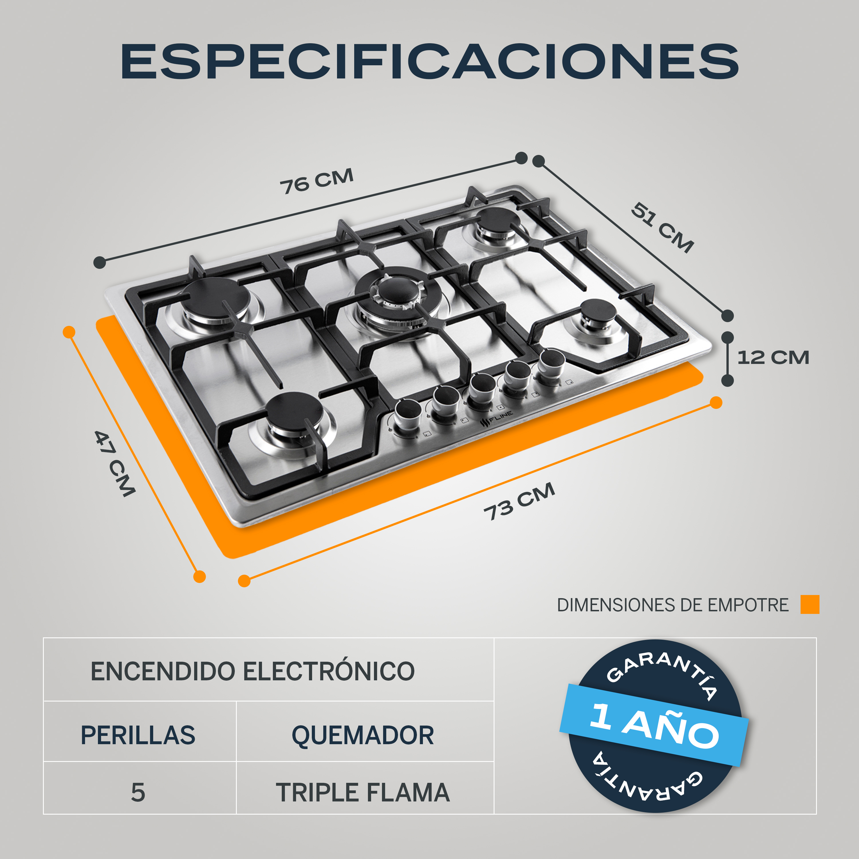 FLINE Combo parrilla de gas y campana extractora 76 cm Pared Touch gris ...