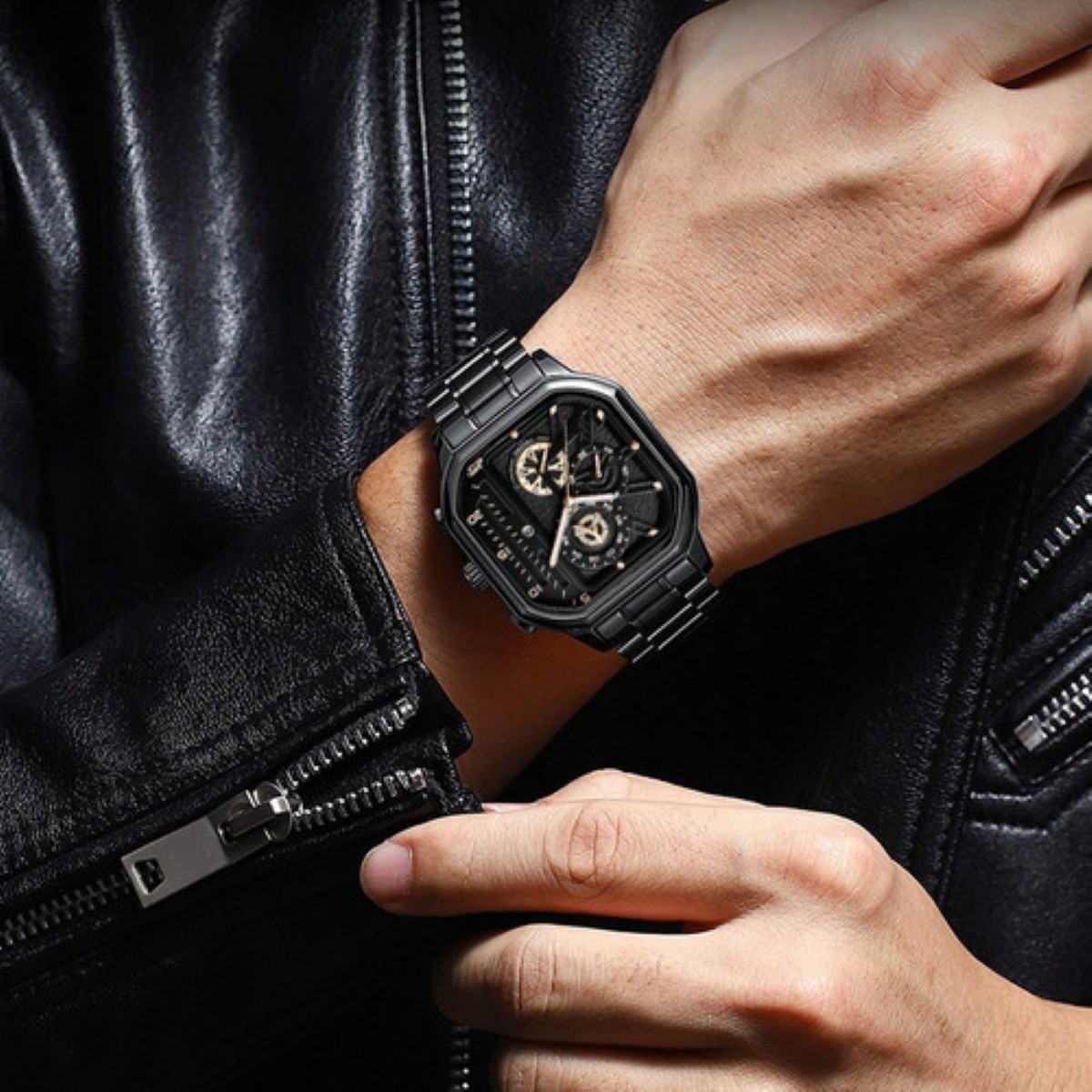 "Reloj Hombre Analógo Con Fechador Acero Cuarzo Casual negro bisel dorado
