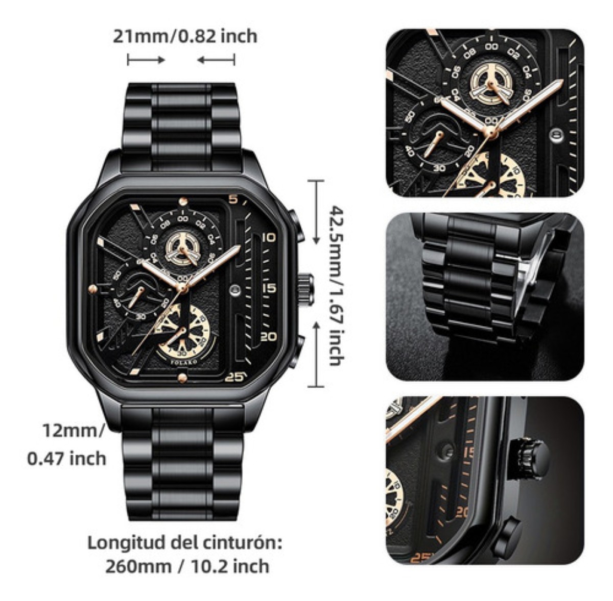 "Reloj Hombre Analógo Con Fechador Acero Cuarzo Casual negro bisel dorado