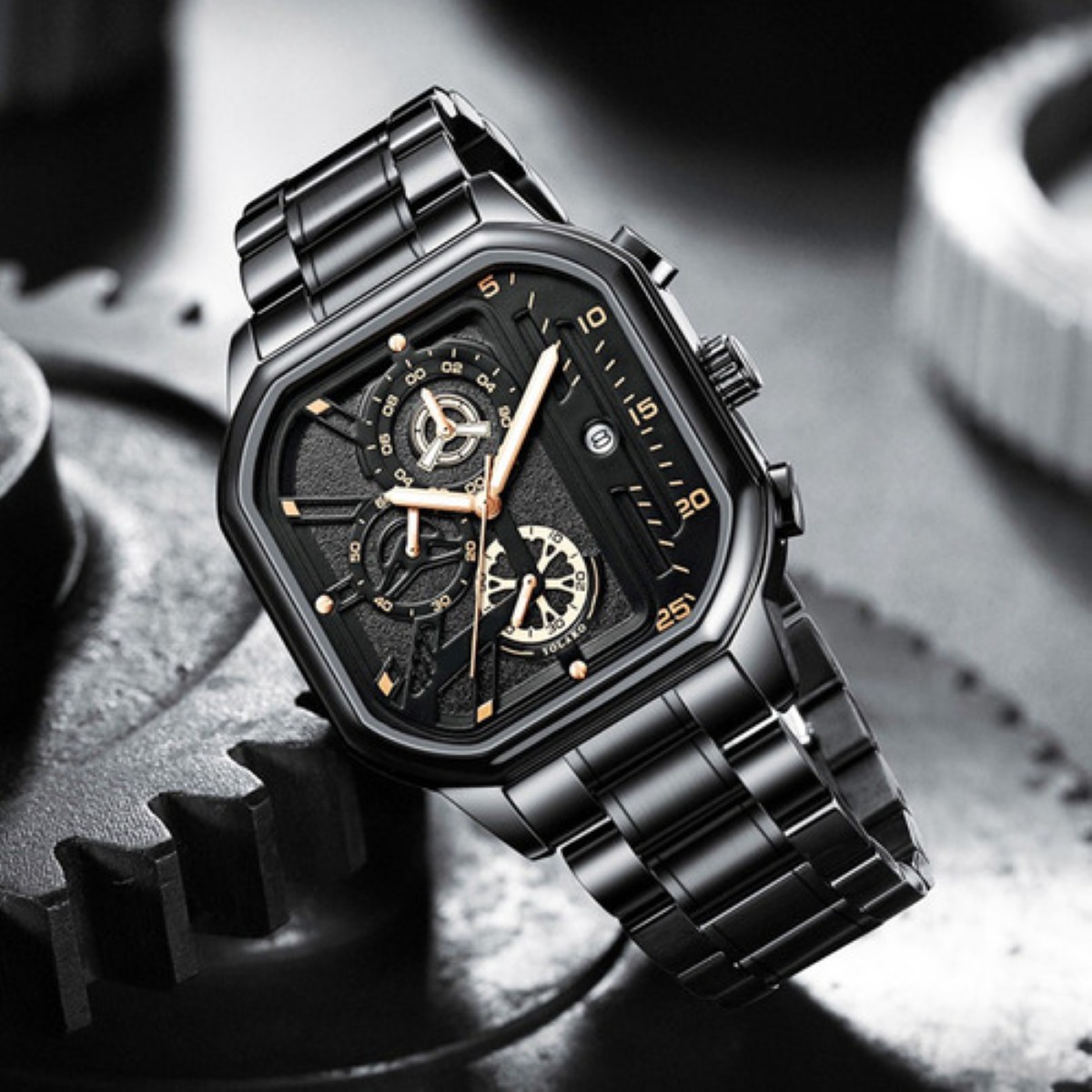 "Reloj Hombre Analógo Con Fechador Acero Cuarzo Casual negro bisel dorado